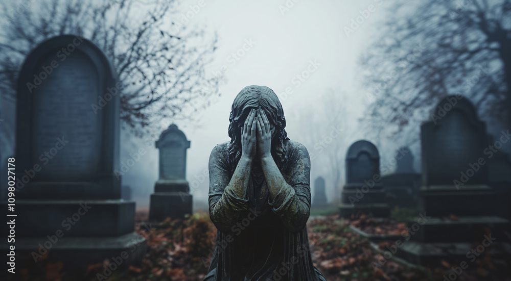 Marble statue of grieving mother,wife and woman, memorial plaque ...