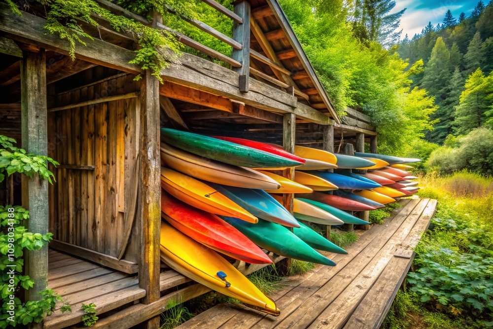 Vintage Style Photography of a Rustic Kayak Storage Space Surrounded by ...