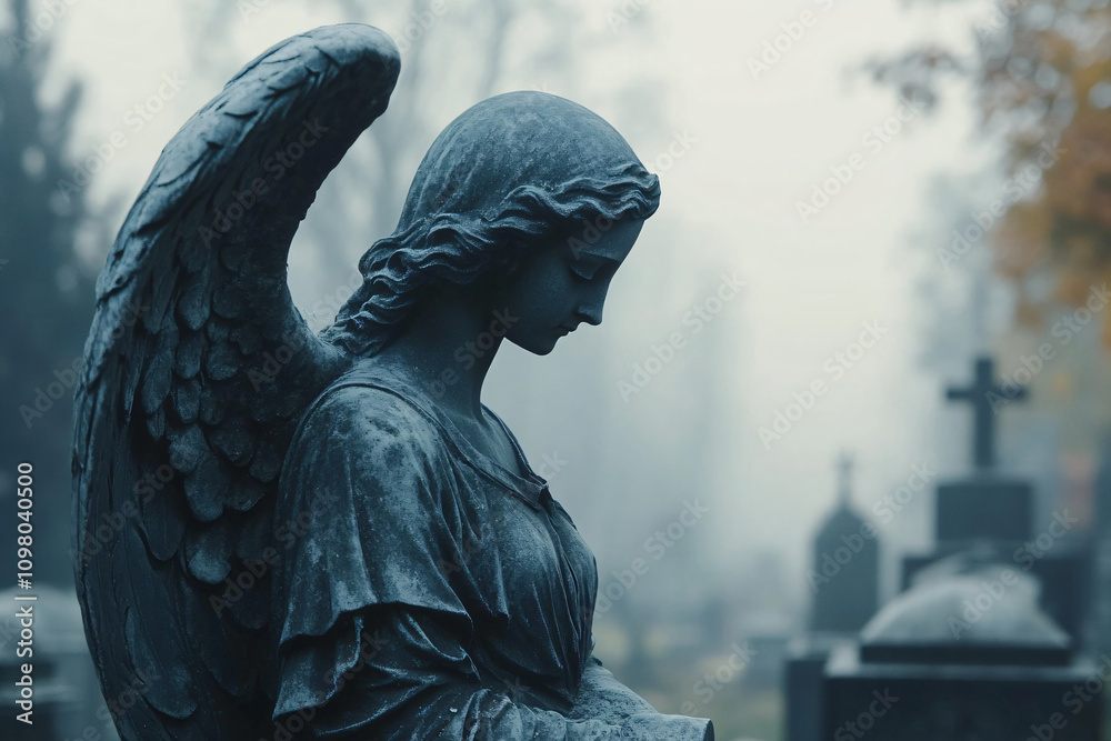 Marble statue of grieving angel, memorial monument slab on sunny ...