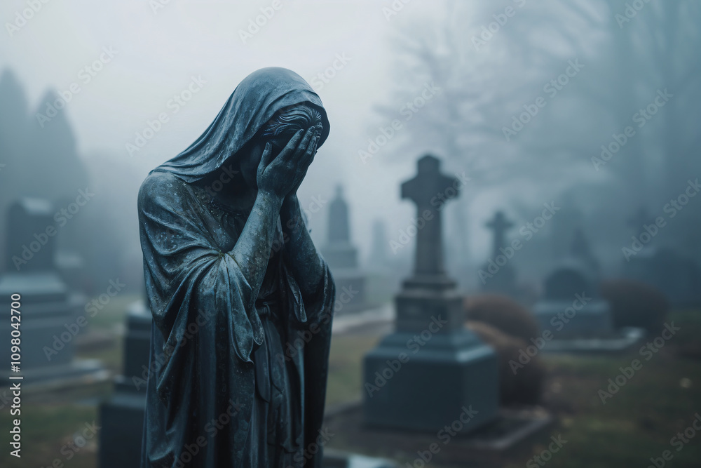Marble statue of grieving mother,wife and woman, memorial plaque ...