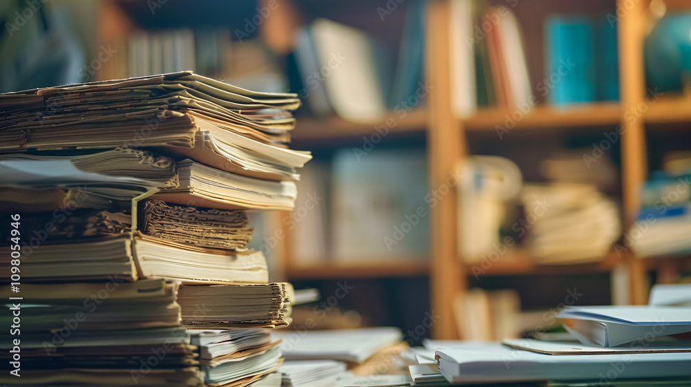 Stacks of paperwork and files in the office, representing work overload ...