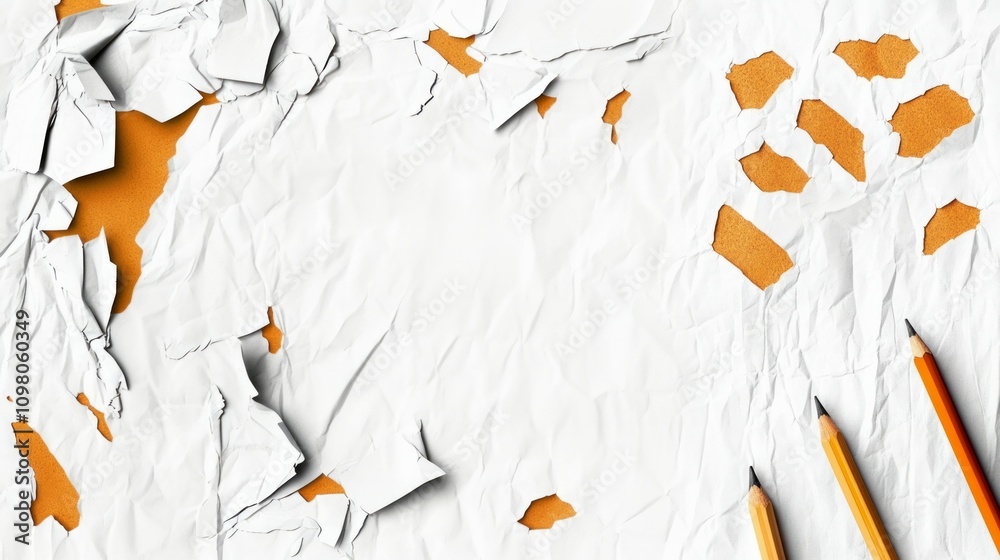 Pencil on white paper background. Copy paste for text, logo and etc ...