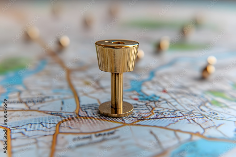 Ilustração A brass pin on top of an old map with a shape and texture ...