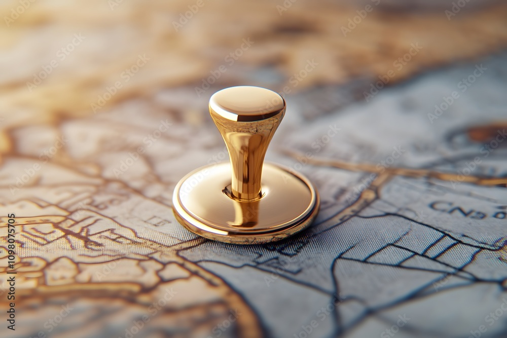 A brass pin on top of an old map with a shape and texture resembling ...