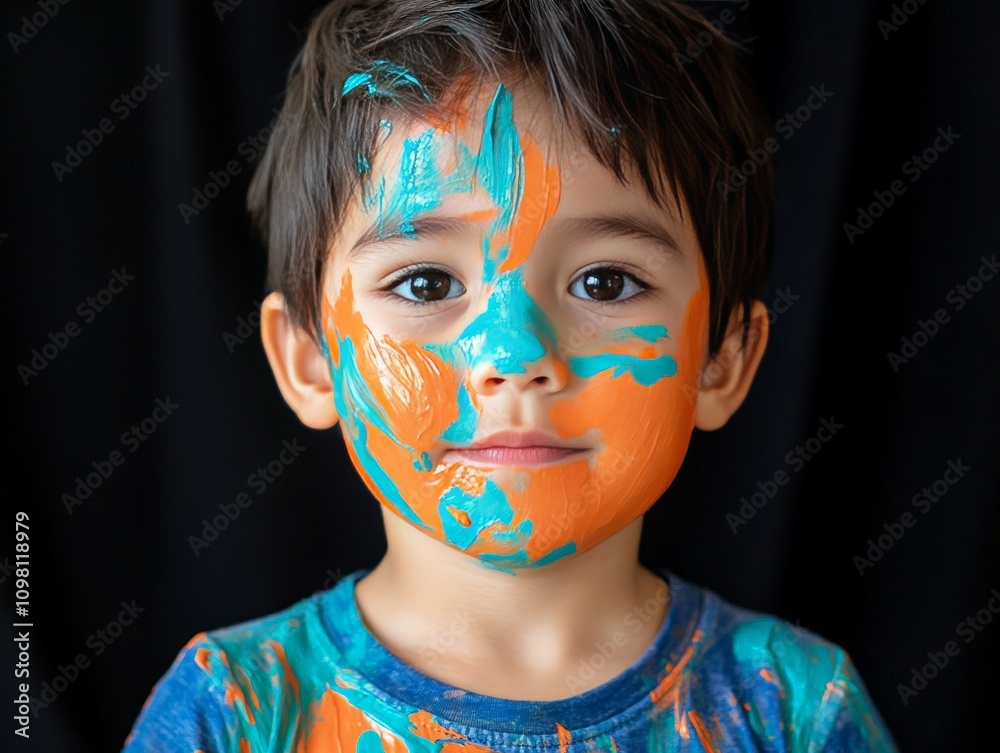 Portrait of a young boy with blue and orange paint on his face vibrant ...