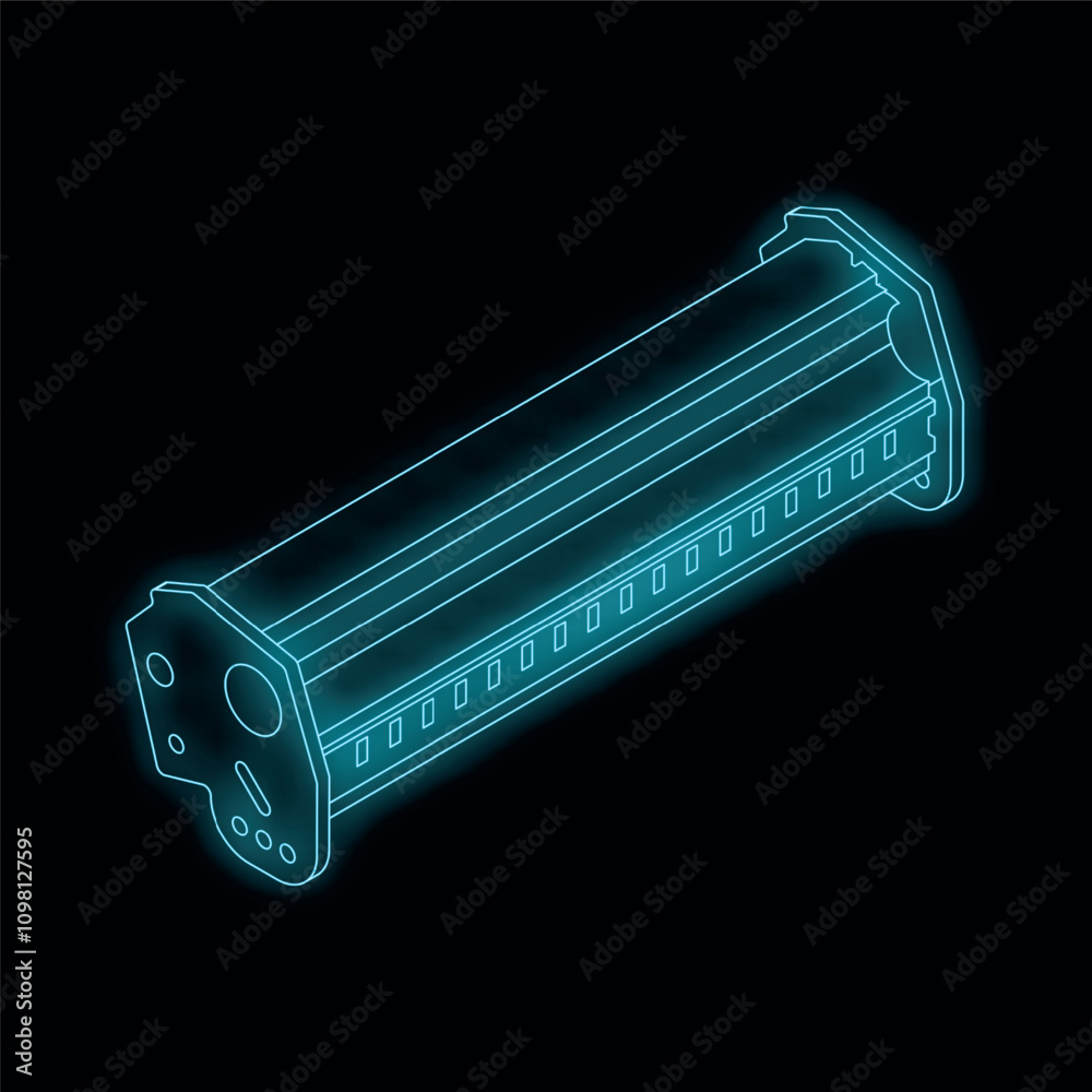 Neon glowing wireframe model of a rifle magazine with bullets on a ...