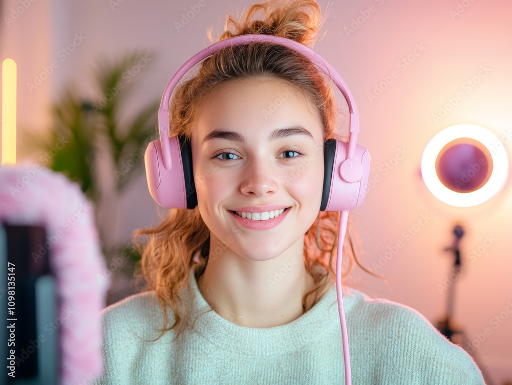 Young female entertainment streamer wearing pink headphones in a ...