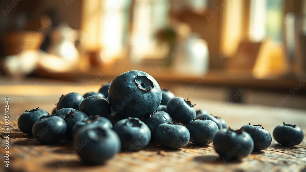 A cluster of ripe blueberries, bathed in warm sunlight, rests on a ...