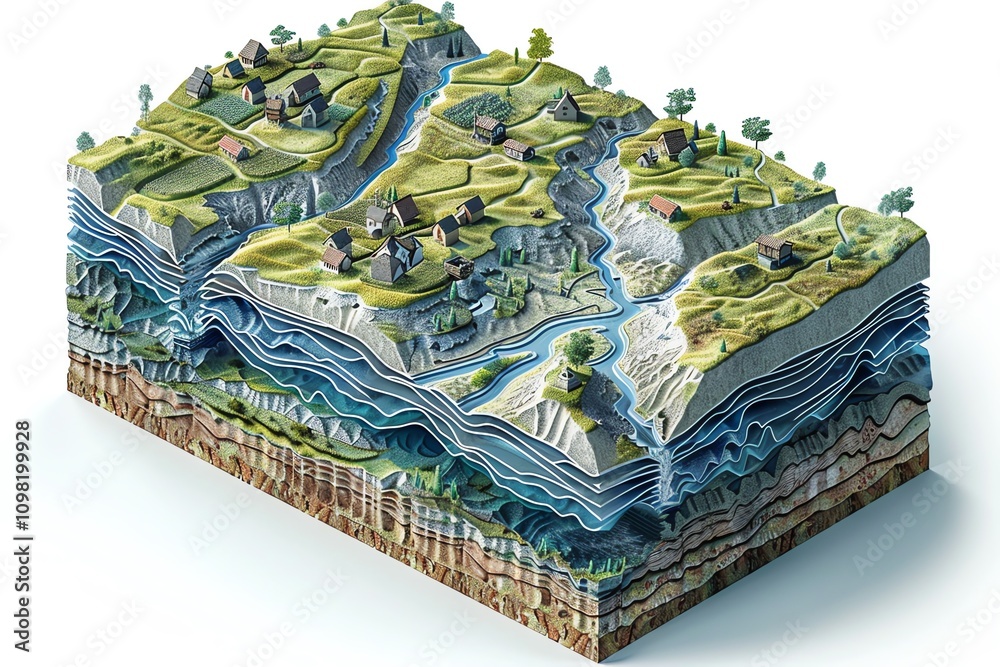 Cross-section of rural landscape, showing geology and villages. Stock ...