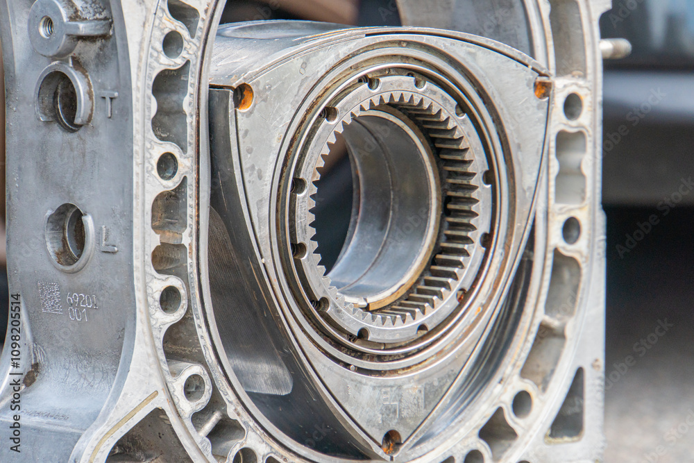 A close-up view of a worn-out gear set inside a cylindrical metal part ...