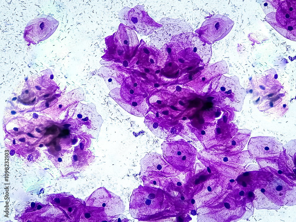 Light micrograph of a vaginal smear showing adenocarcinoma cells ...