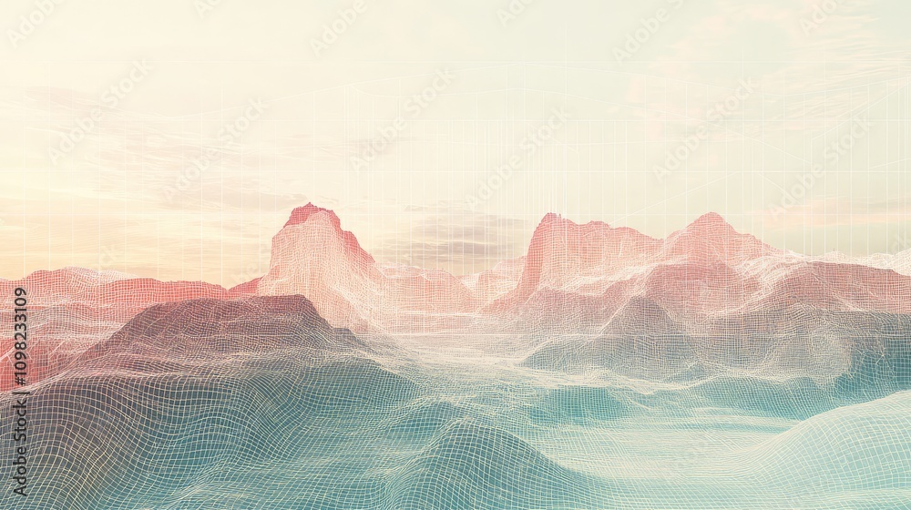 Minimalist wireframe landscape with grid lines, visualizing data flow ...