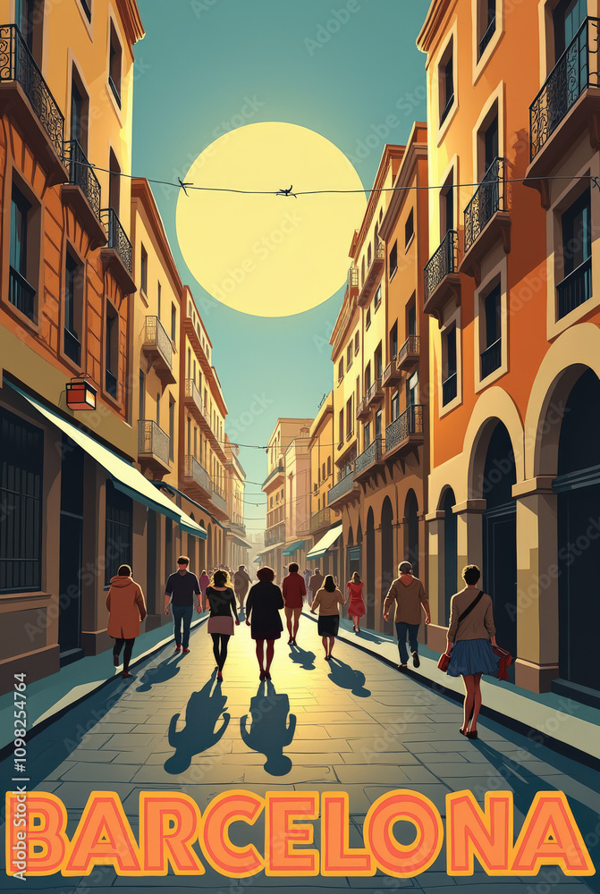 Art Deco Style Travel Poster of Barcelona Featuring Iconic Landmarks ...