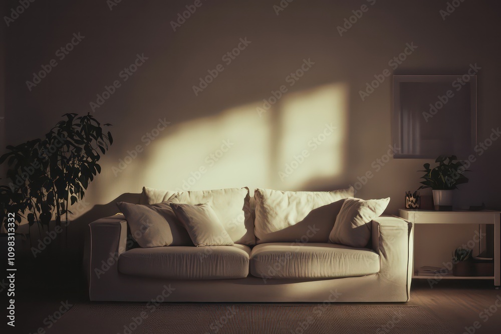 Professional photography, realistic style, sofa wall, night, cozy cabin ...