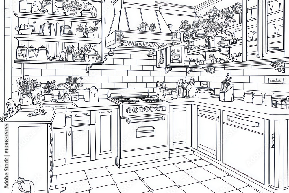 Create a high-quality, cartoon-style line drawing of a kitchen designed ...