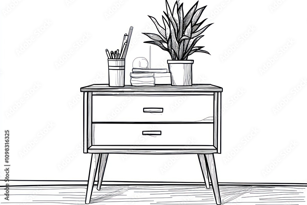 easy, bold, simple, cute, coloring page, Bedside table with drawers ...