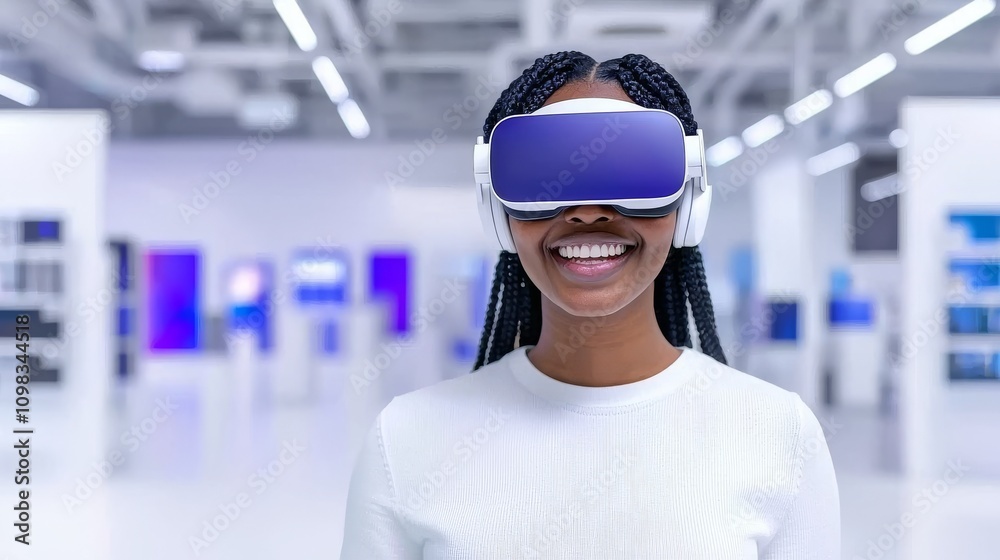 An African American teenage girl wearing a VR headset, depicted in ...