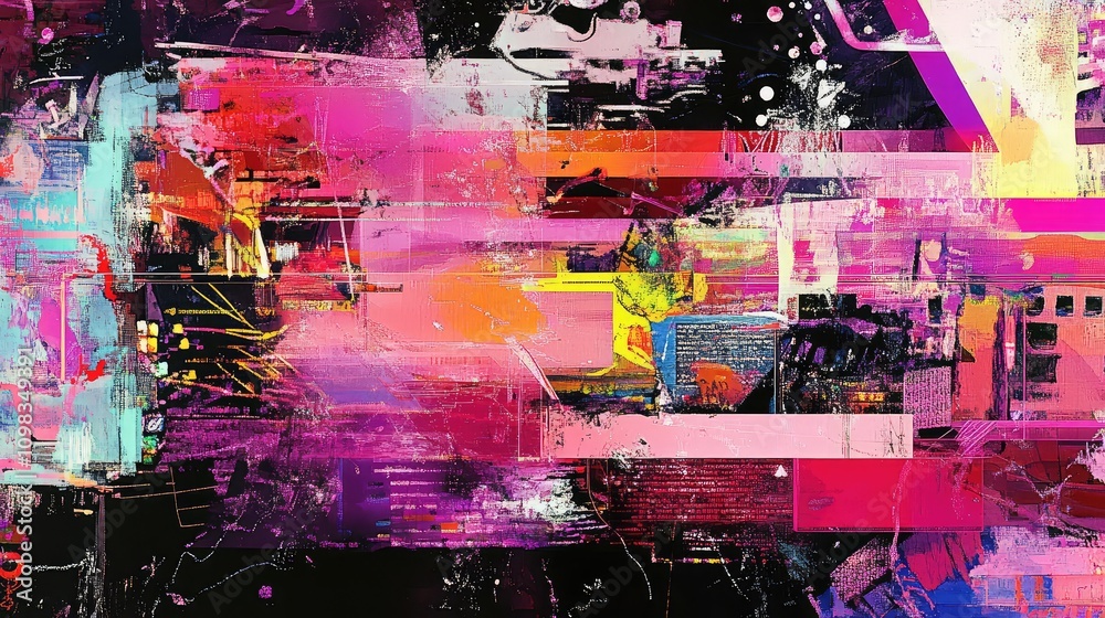 Broken data stream, with overlapping layers of distorted text and ...