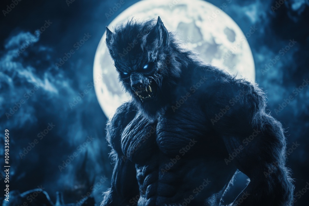 Photo Stock Werewolf transformation under a full moon with detailed fur ...