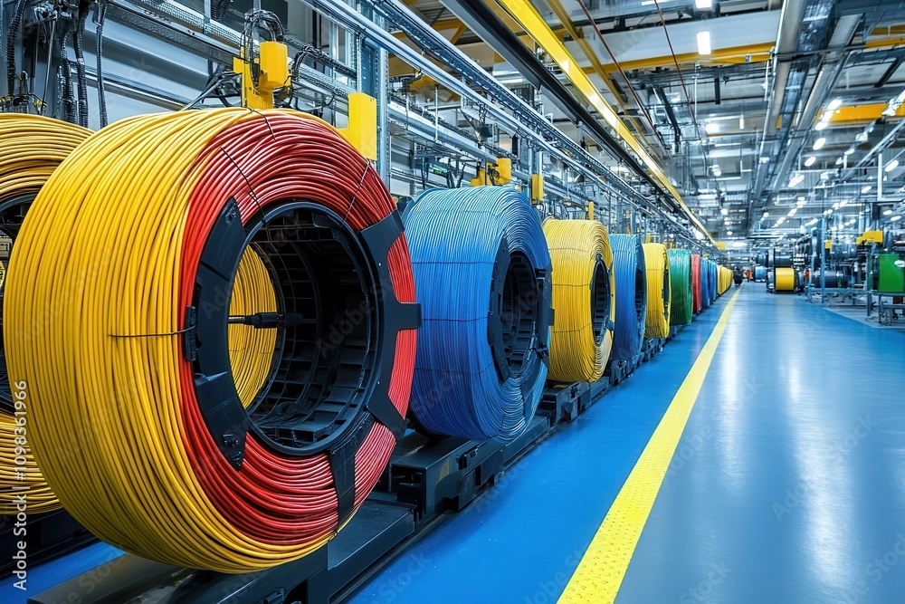 Colorful wire spools in a factory. This photo shows a factory floor ...