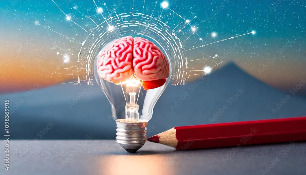 Human Brain Lightbulb New Ideas Concept - Symbolic Illustration ...