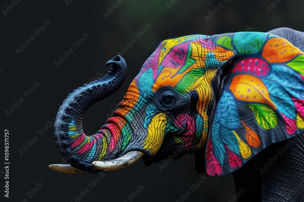 Colorful elephant showing trunk and painted head Stock Photo | Adobe Stock