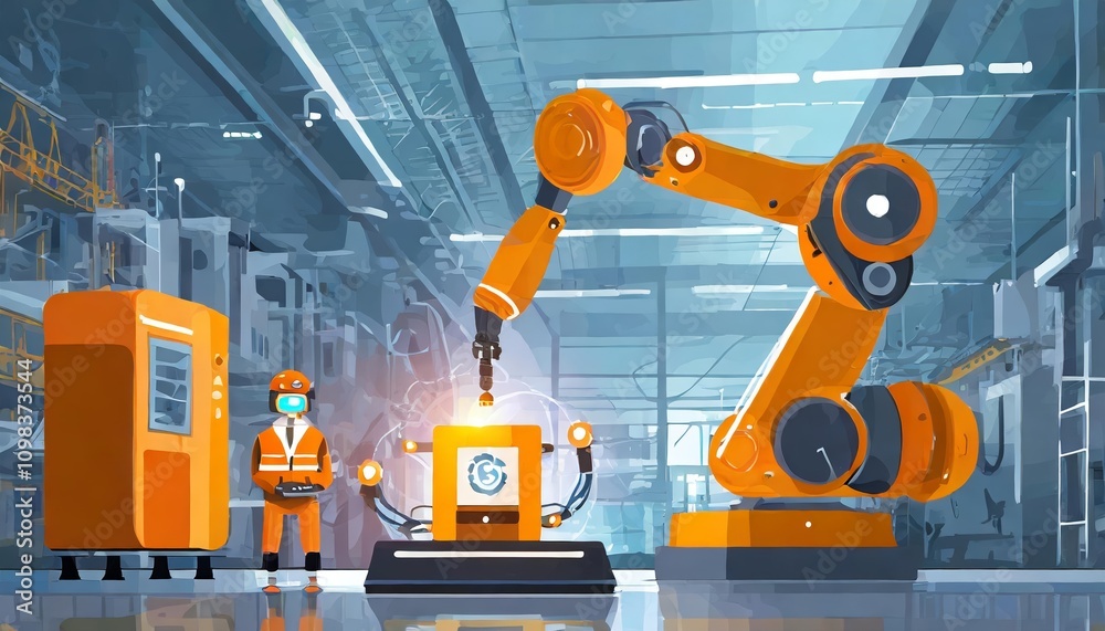 Industrial robot performing automated tasks seamlessly in a smart, autonomous factory setting ...