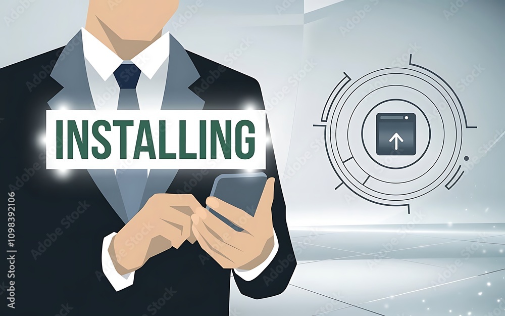 Installing Software: Businessman using a smartphone, initiating a ...