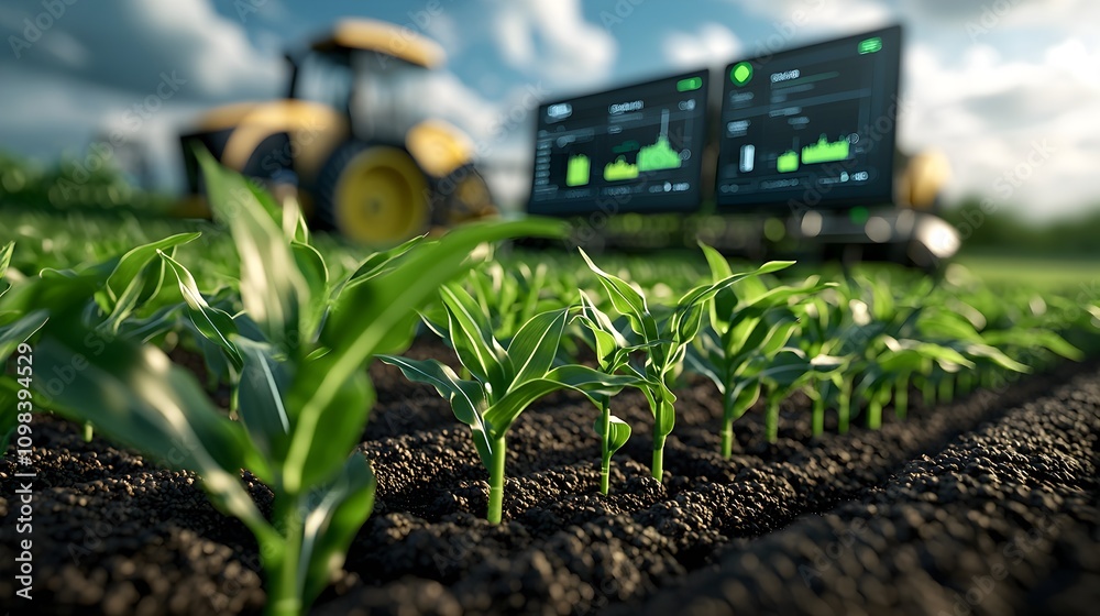Lush green cornfield with neat rows of thriving corn seedlings data ...