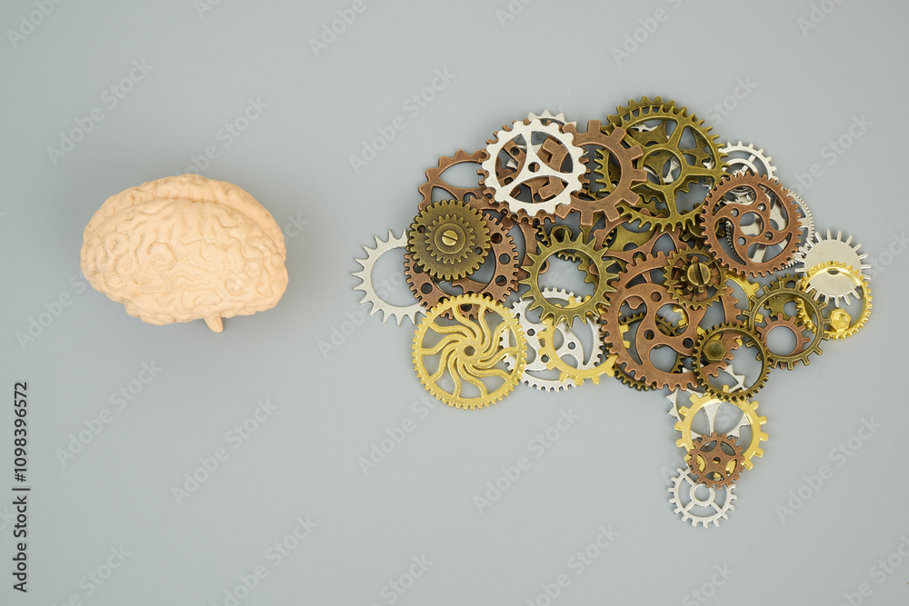 Human brain and gears shaped as human brain on gray background ...