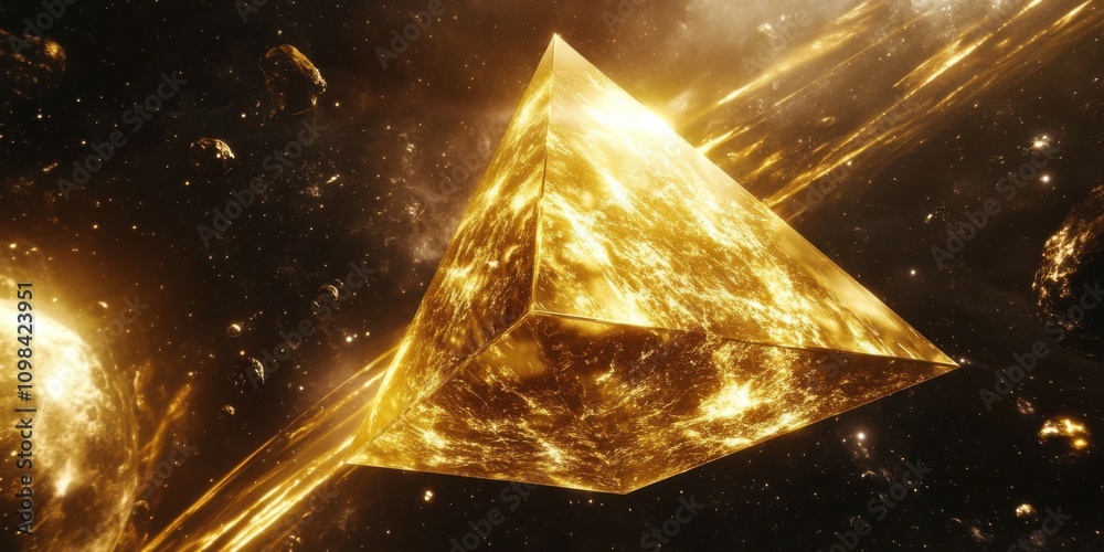 A golden pyramid floating in space, radiating mystical energy beams ...
