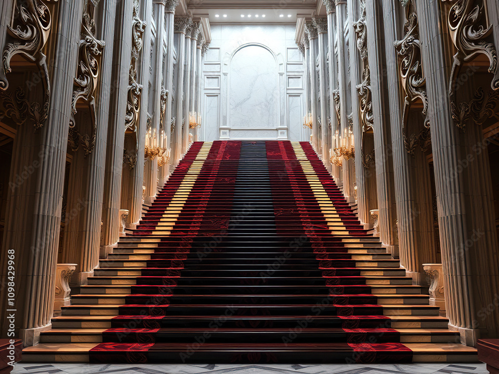 Staircase with ebon stairs and alabaster columns in a grand entrance ...