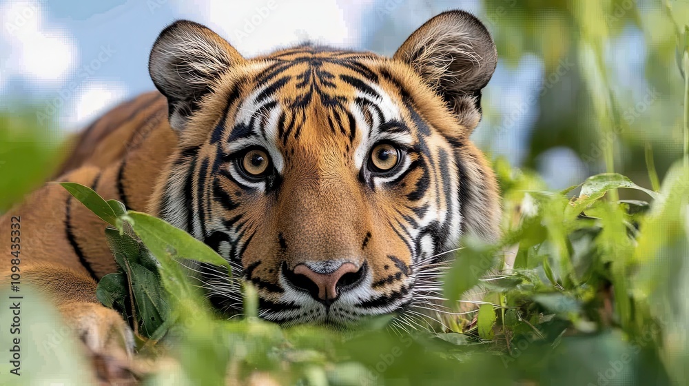An enthralling image of a tiger lying low, its eyes focused and intense ...