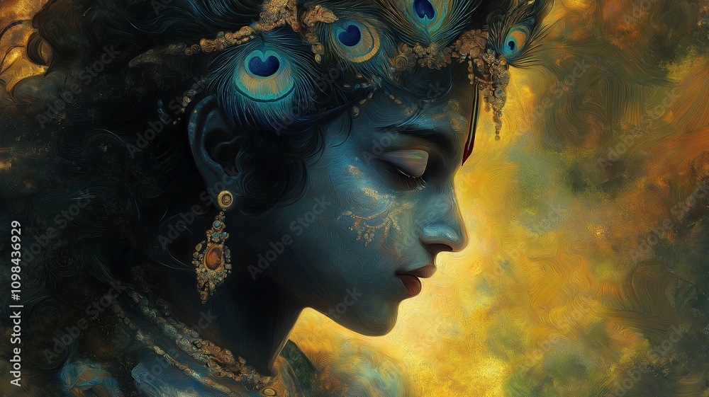 Lord Krishna wearing a peacock feather crown is shown in this lovely ...