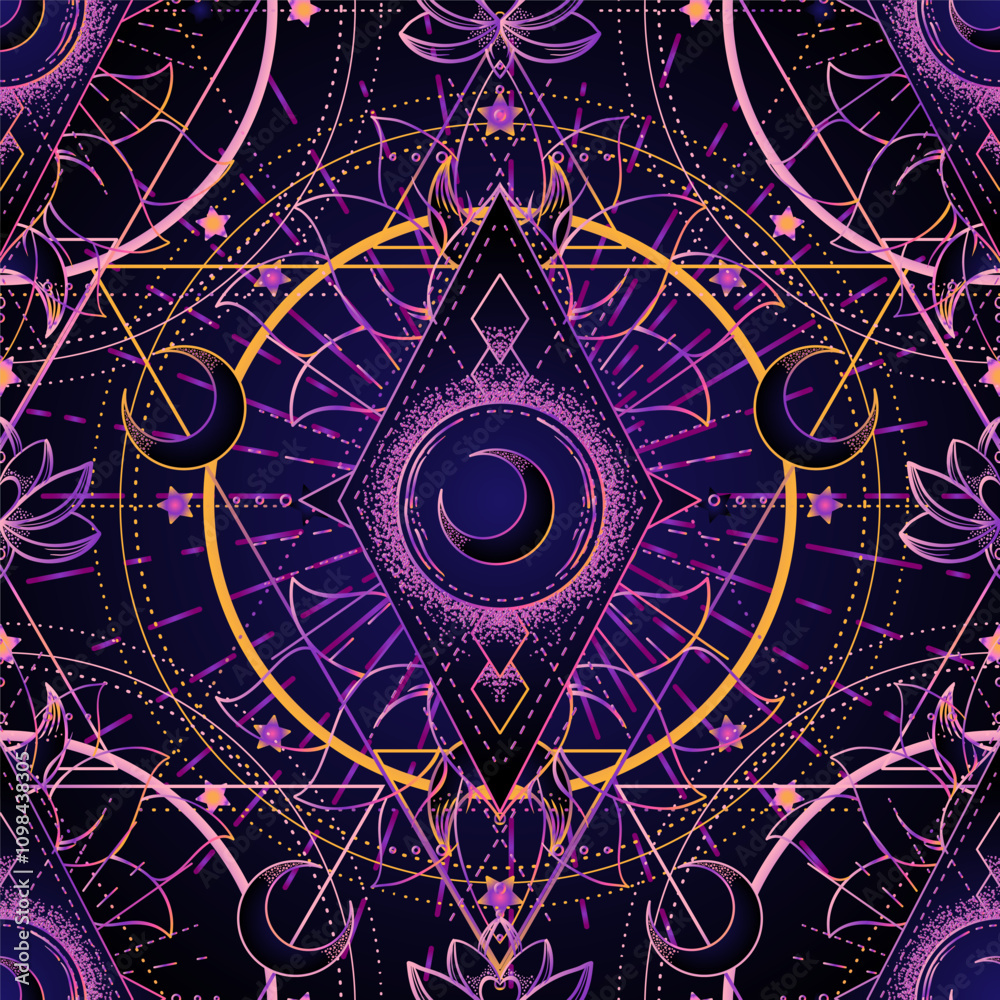 Sacred Geometry seamless pattern. Hindu symbols of wisdom and path to perfection. Tattoo, yoga ...