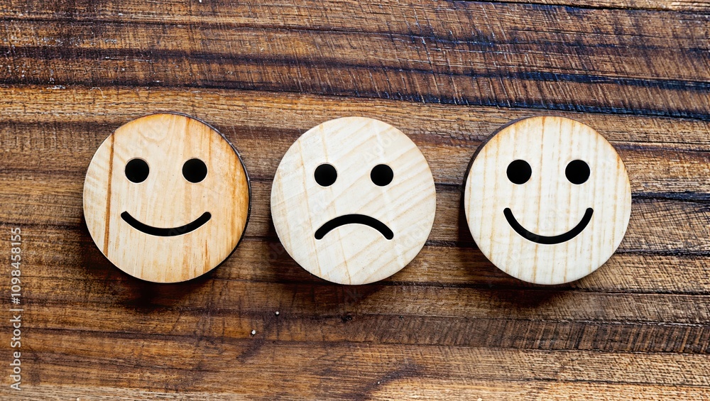 Three wooden emoji faces showing happy, sad, and neutral emotions on a ...