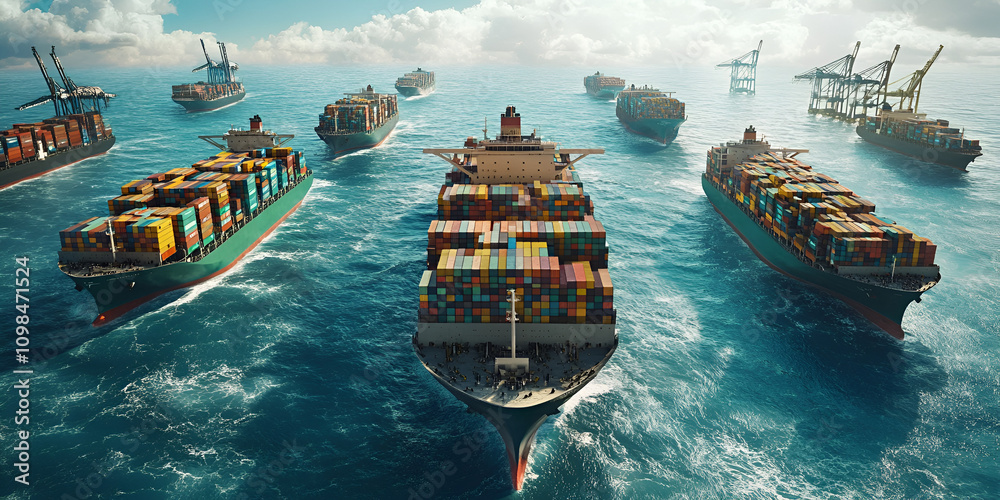 Global Trade: A fleet of container ships traverses the open ocean ...
