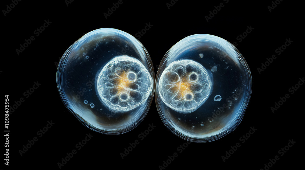Cellular mitosis single transparent cell divides into two identical ...