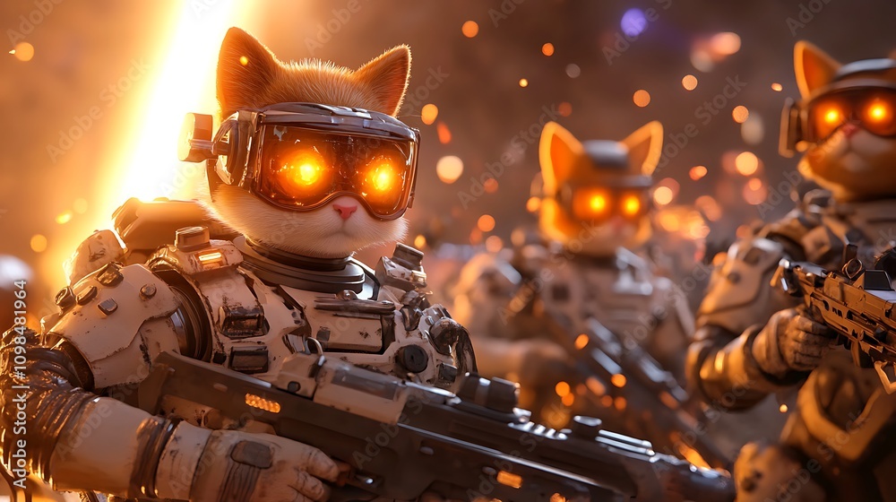 Futuristic Battle Cats in High-Tech Armor Engaging in a Dynamic Combat ...