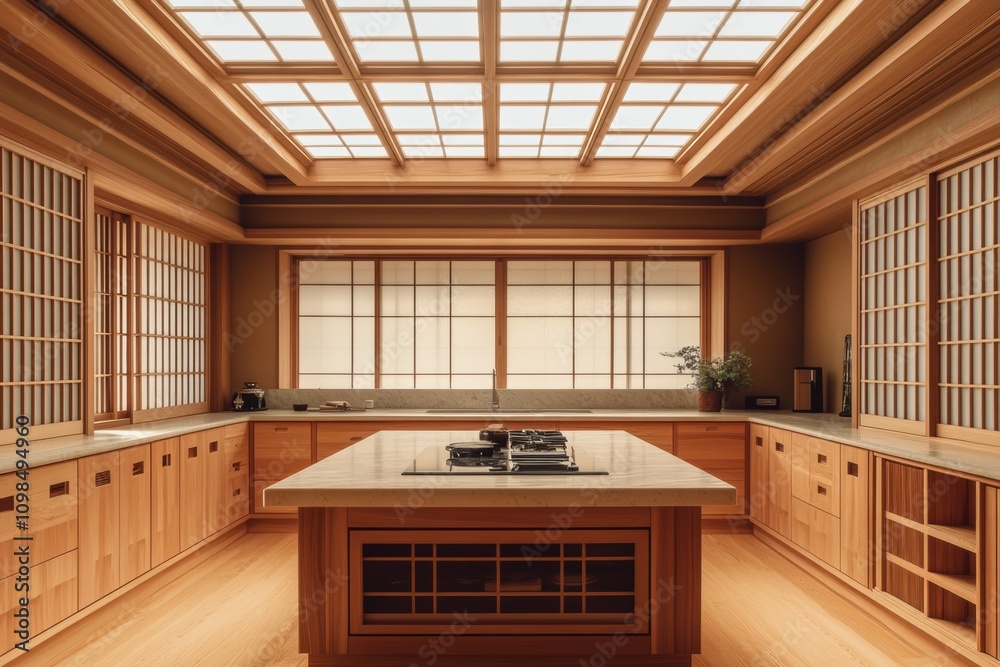 zen kitchen, a japanese kitchen designed with zen aesthetics, featuring ...