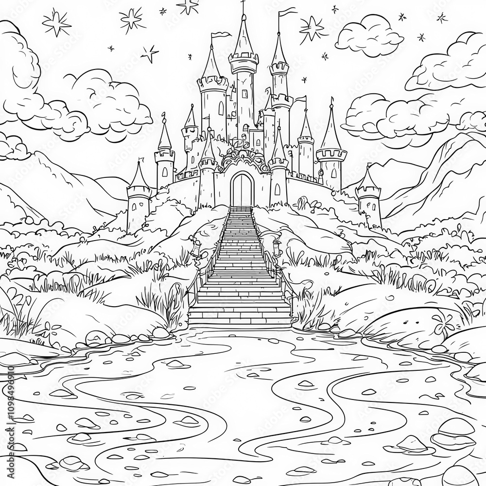A whimsical fairy tale land with castles, coloring page for kids ...