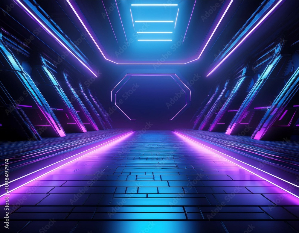 futuristic sci fi dark empty background with blue and purple neon ...