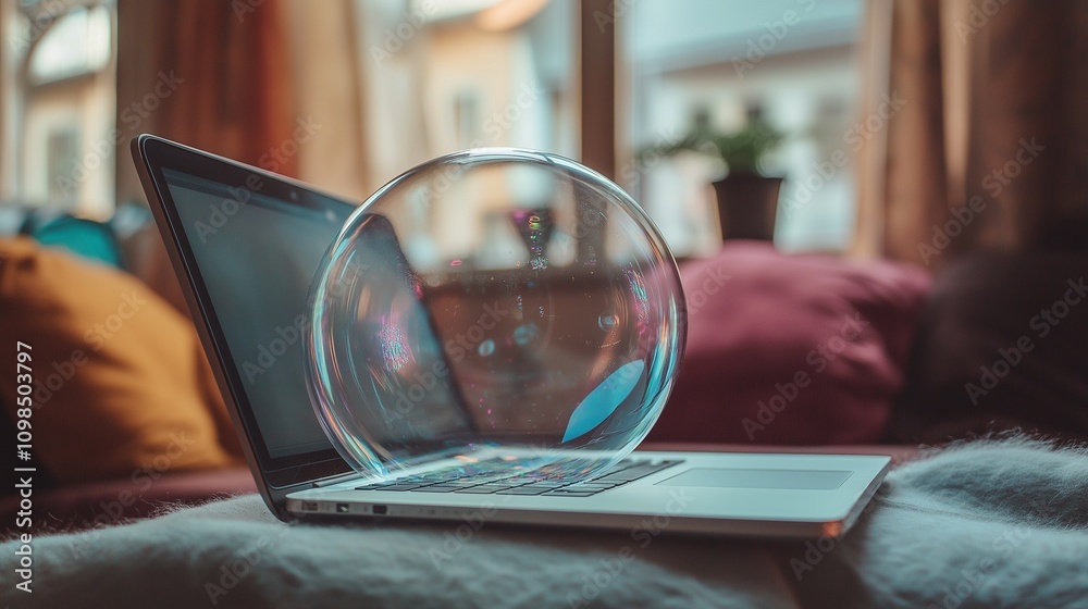 transparent bubble around a laptop, symbolizing digital for technology ...