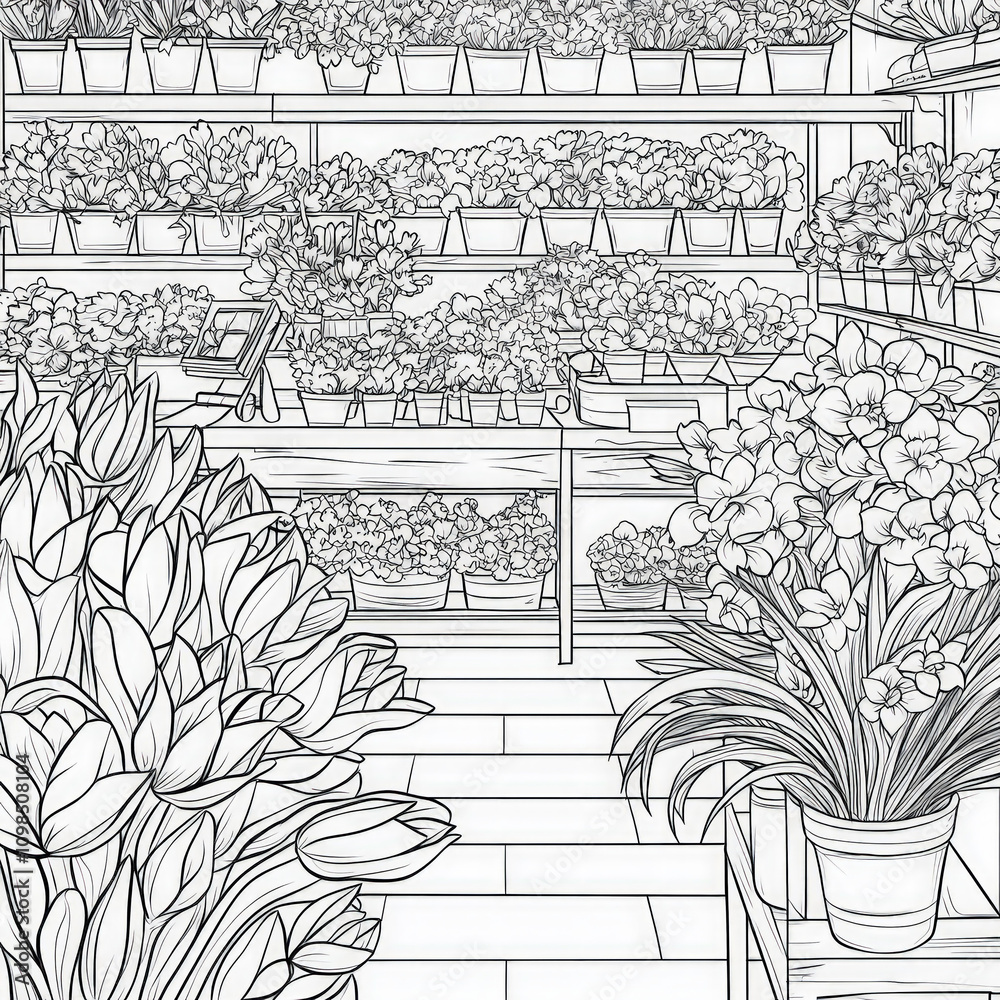 A flower shop with various blooms, coloring page for kids, simple ...