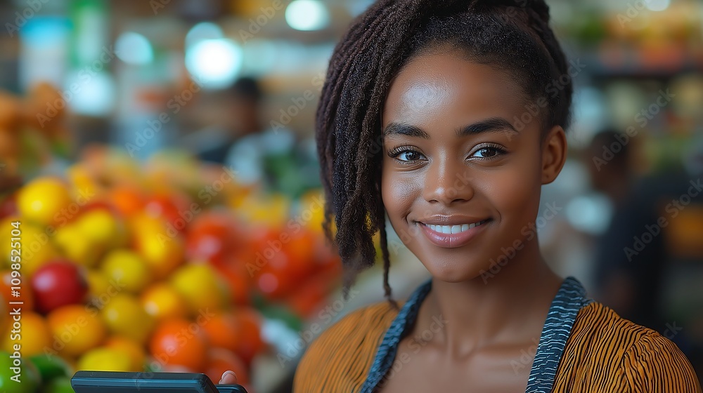 full body of black african woman cashier sitting in his box, in a super ...