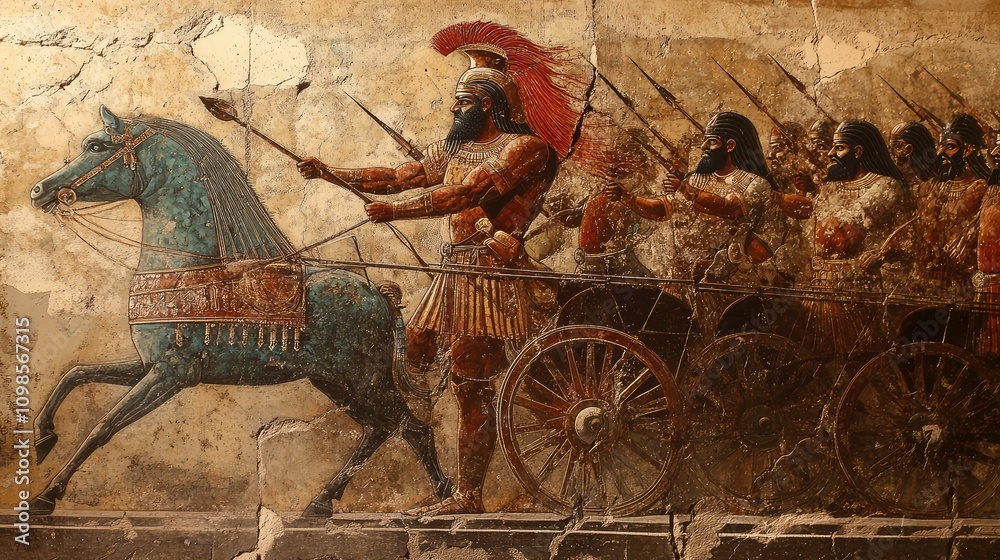 Depiction of Nebuchadnezzar II Leading His Army in a Victorious Battle Scene, Capturing the ...