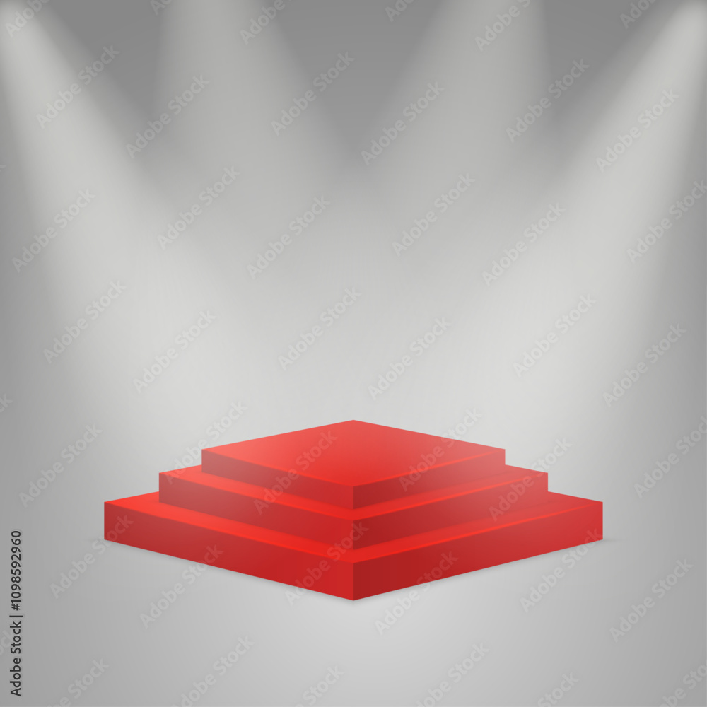 Red pedestal with lights on grey background. Red podium with red stairs ...