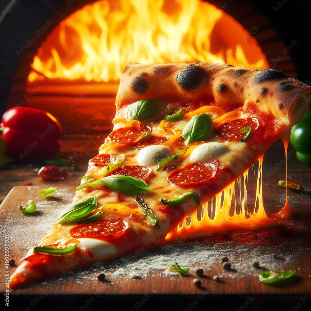 pizza slice with melted cheese mozzarella hot inflamed on fire and ...