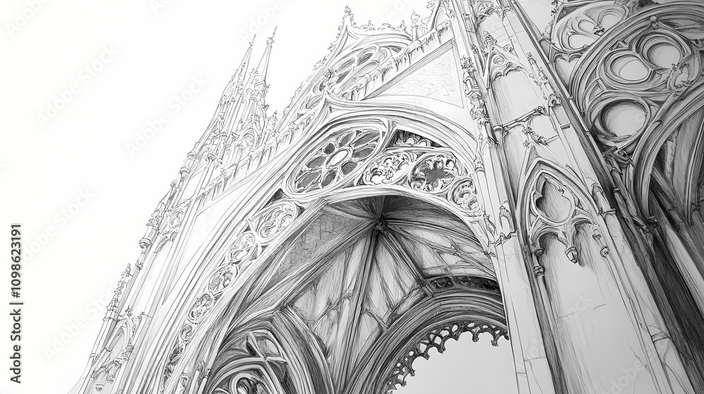 Pencil drawing, gothic architecture rises from the page with intricate ...