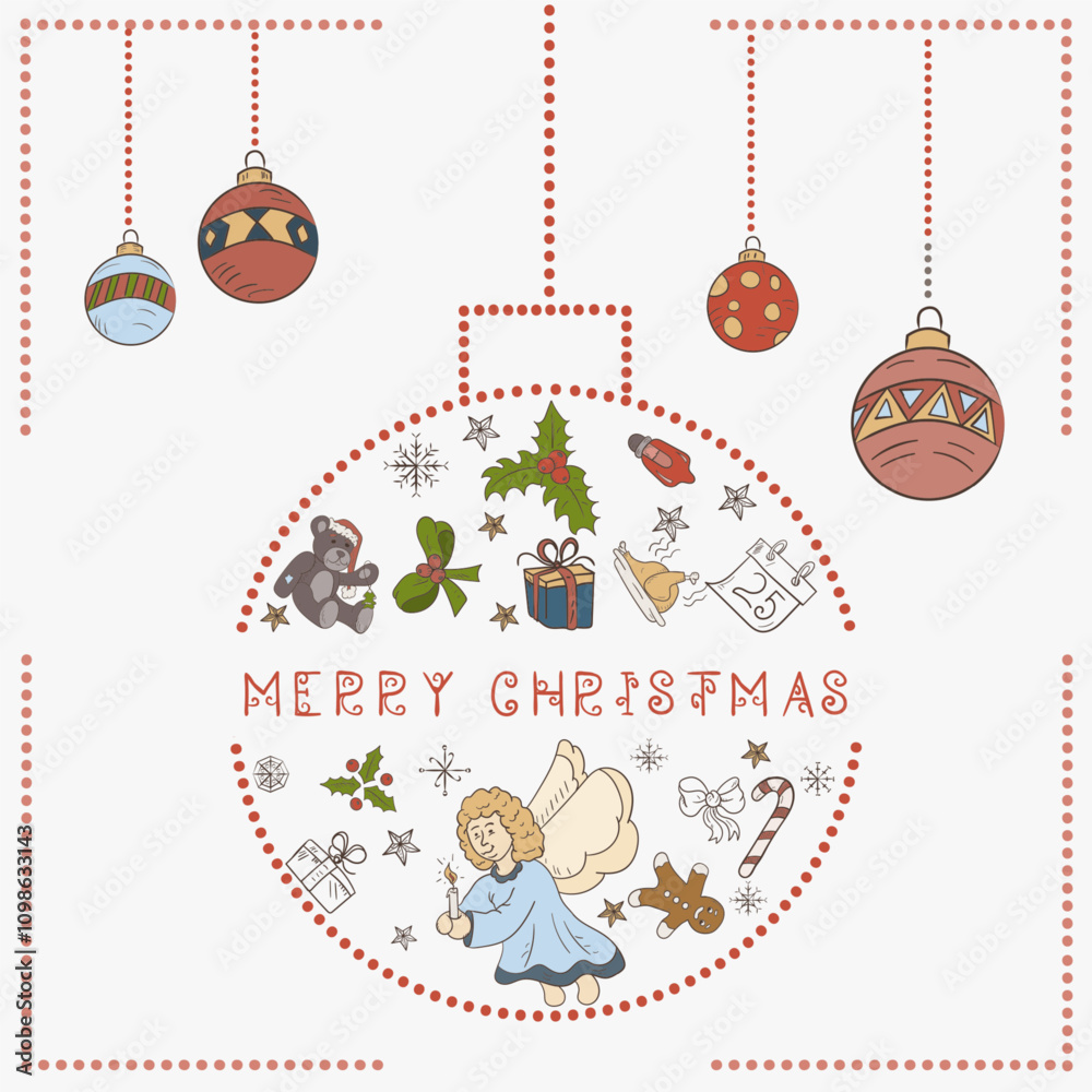 Christmas colored contour illustration in the style of childrens ...